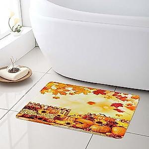 MEUNEAR Farmhouse Fall Shower Curtain and Bath Mat, Orange Pumpkin Sunflower and Maple Leaf Shower Curtain with Bathroom Rugs, 72X72 inches Autumn Thanksgiving Shower Curtains Set