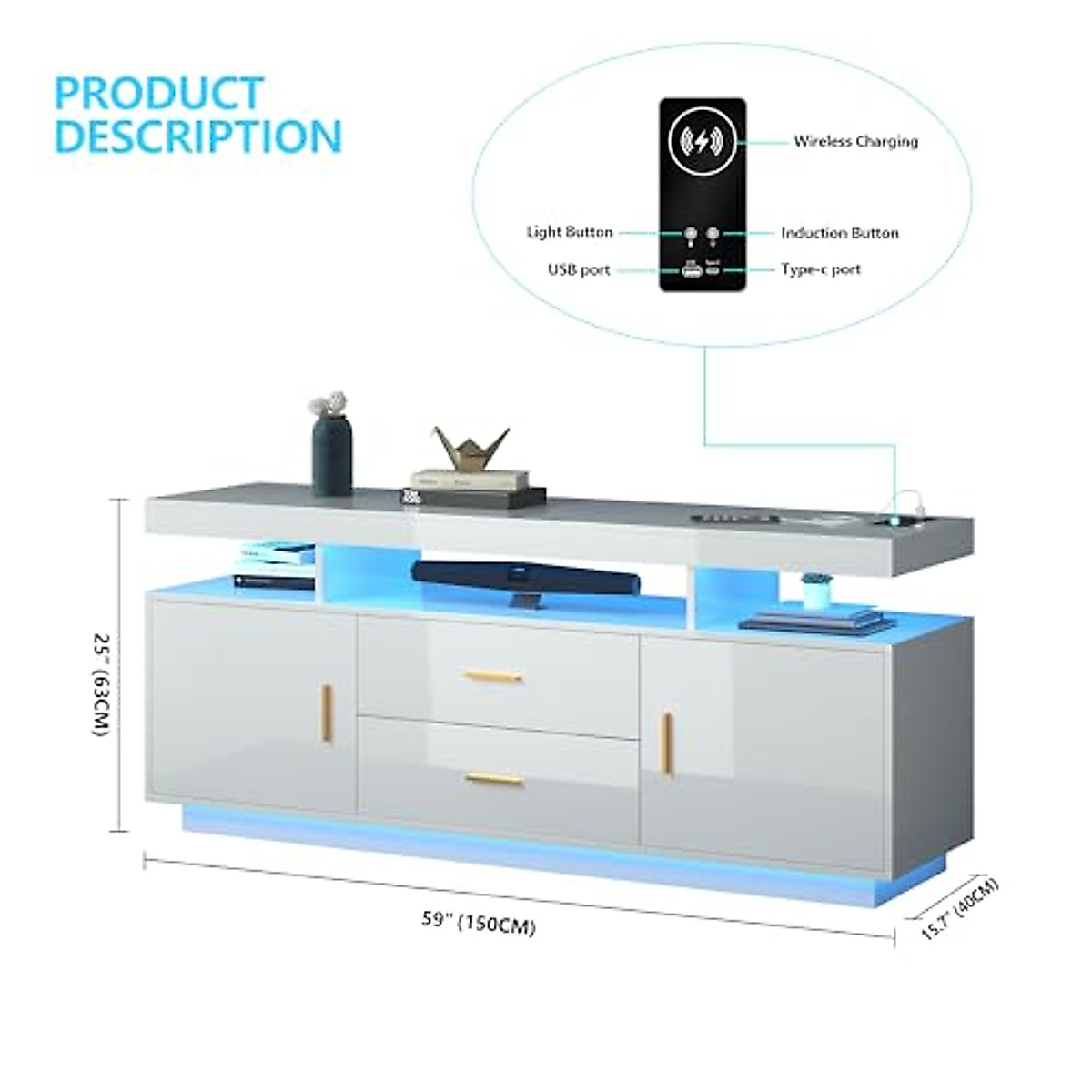 LVSOMT High Gloss Entertainment Center White with 3-Colors Lighting, LED Modern TV Stand for 65+ inch TV, Home Storage Cabinet, Console Media Cabinet for Living Room (Pearl White)
