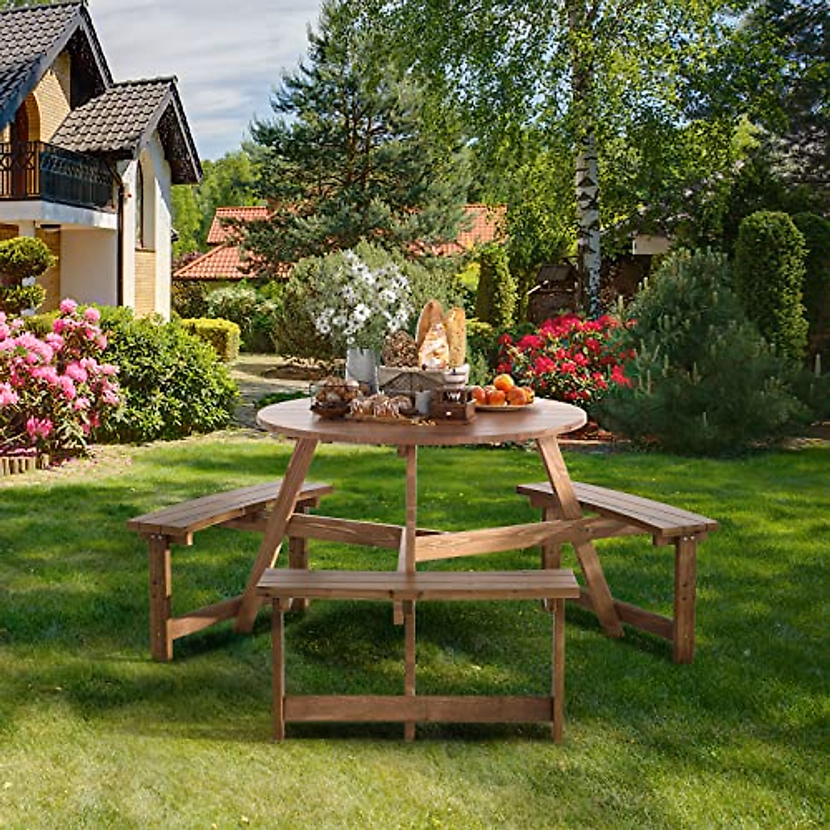 GYMAX Picnic Table, 6 People 1720lbs Wooden Picnic Table Bench Set with Umbrella Hole, Heavy Duty Outdoor Camping Dining Table with Seat for Patio Lawn Backyard Garden Deck Poolside