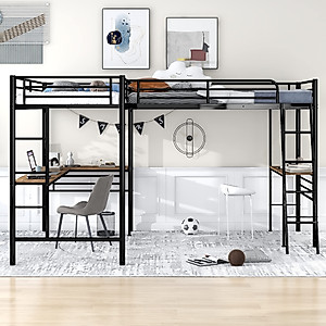 Quarte Simple Metal L-Shaped Loft Bed with Two Built-in Desks,Guardrails and Ladders,for Family Kids Teens,No Box Spring Needed