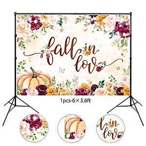 Fall Bridal Shower Decorations,Fall in Love Background Pink Floral Pumpkin Theme Decorations Fall Photography Background for Fall Bridal Shower Wedding Anniversary Party-6×3.6ft