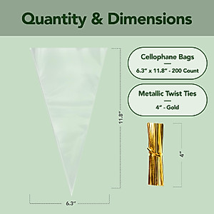 Seal Fresh Cone Cellophane Bags with Twist Ties - 6.3" x 11.8" (200 Count) - Clear Cone Shaped Treat Bags Cellophane Triangle Candy Bags - Cone Shaped Cellophane Treat Bags, Cone Cello Bags, Cone Treat Bags with Ties, Cone Shaped Favor Bags