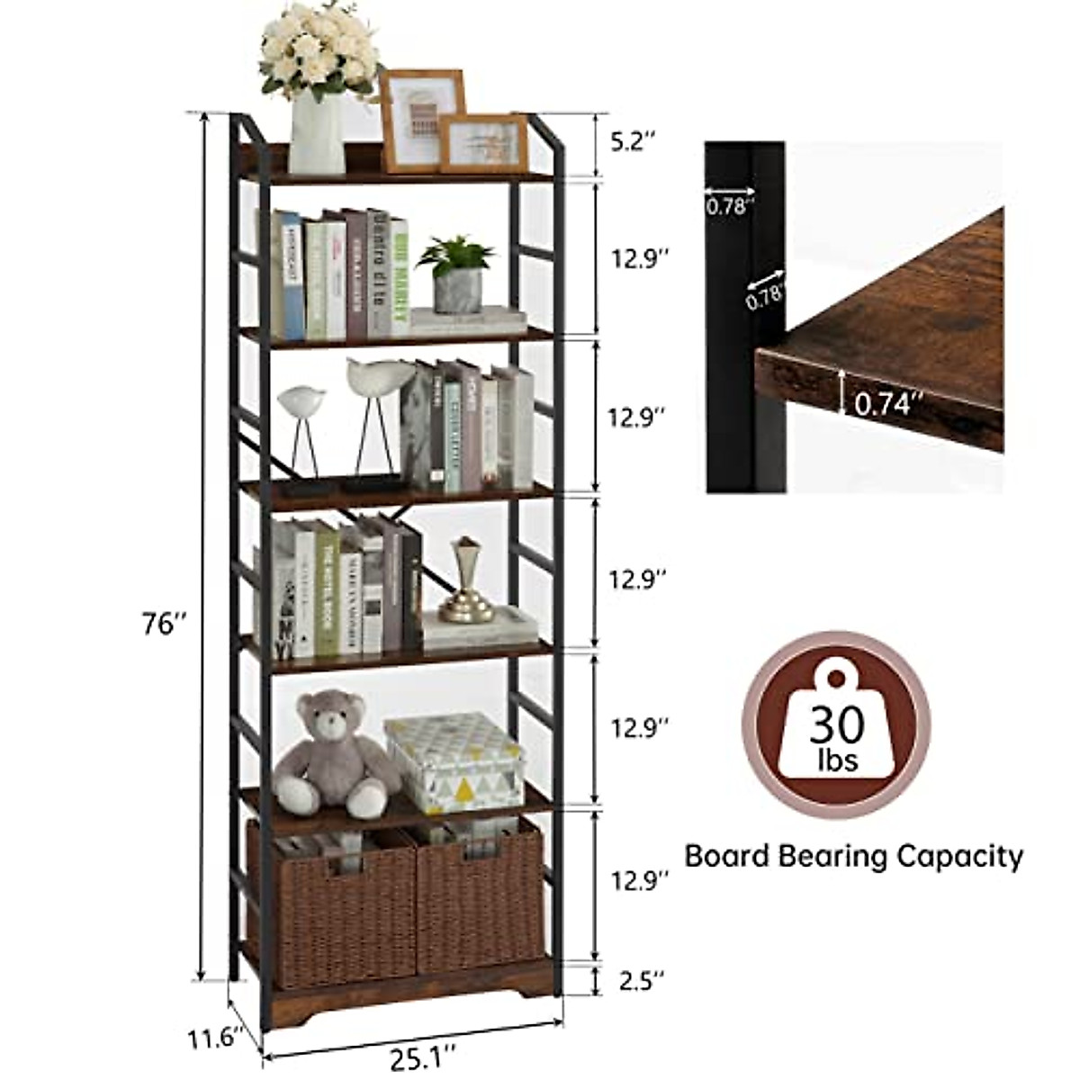 Vagusicc 6 Tier Bookshelf with 2 Storage Baskets, Tall Bookcase Shelf Storage Organizer Wood Book Shelf, Modern Shelf Rack Shelves with Steel Frame, Multipurpose Bookshelf for Bedroom Living Room