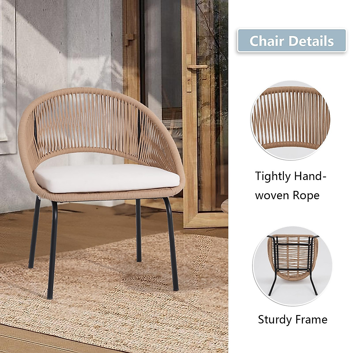 Yangming Patio Furniture Set, 3 Piece Outdoor Bistro Chair Conversation Sets Woven Rope with Wood Coffee Table for Yard Backyard Lawn Garden Porch Backyard Deck Poolside Balcony