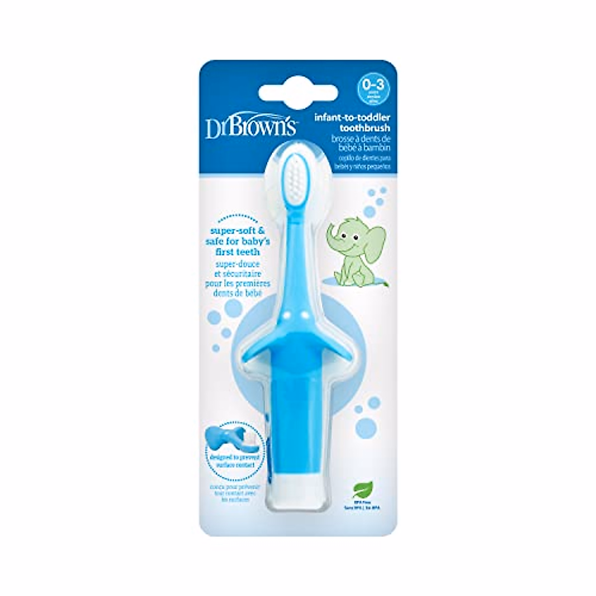 Dr. Brown's Infant-to-Toddler Training Toothbrush, Soft for Baby's First Teeth, Blue Elephant, BPA Free, 0-3 Years