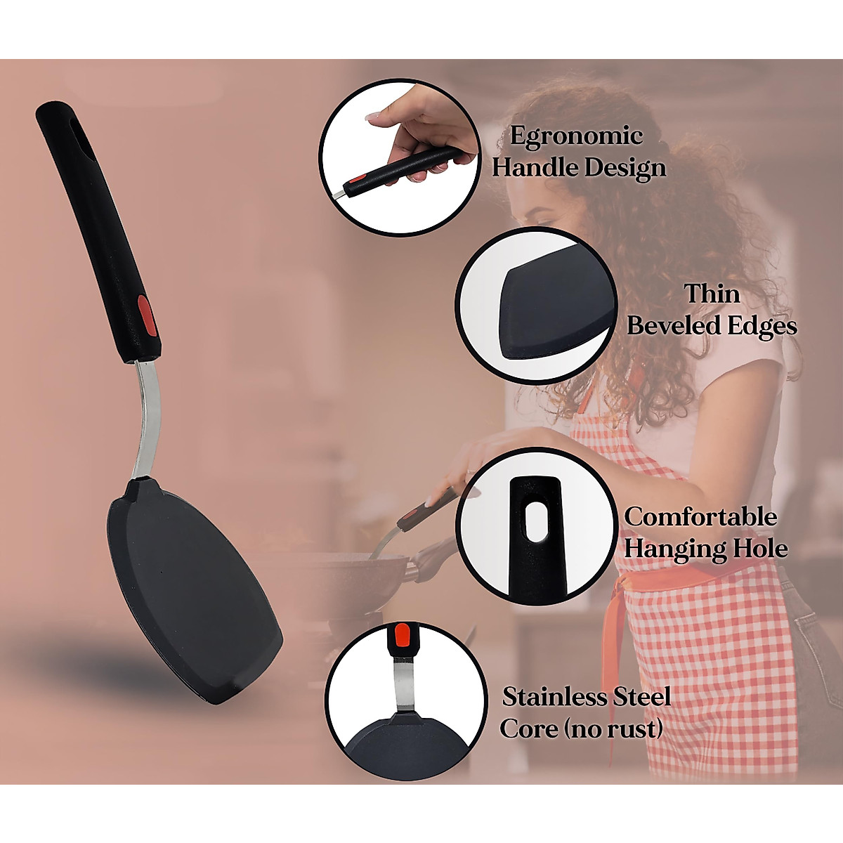 Silicone Pancake Spatula | Wide Beveled Edge Flipper with Stainless Steel Curved Handle | Heat Resistant Non-Stick Cooking