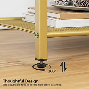 HOOBRO Side Table with Charging Station, Set of 2 End Tables with USB Ports, Nightstand for Tight Spaces, Tempered Glass, Modern Metal Frame, for Office, Bedroom, Living Room, Gold GD76UBZP201