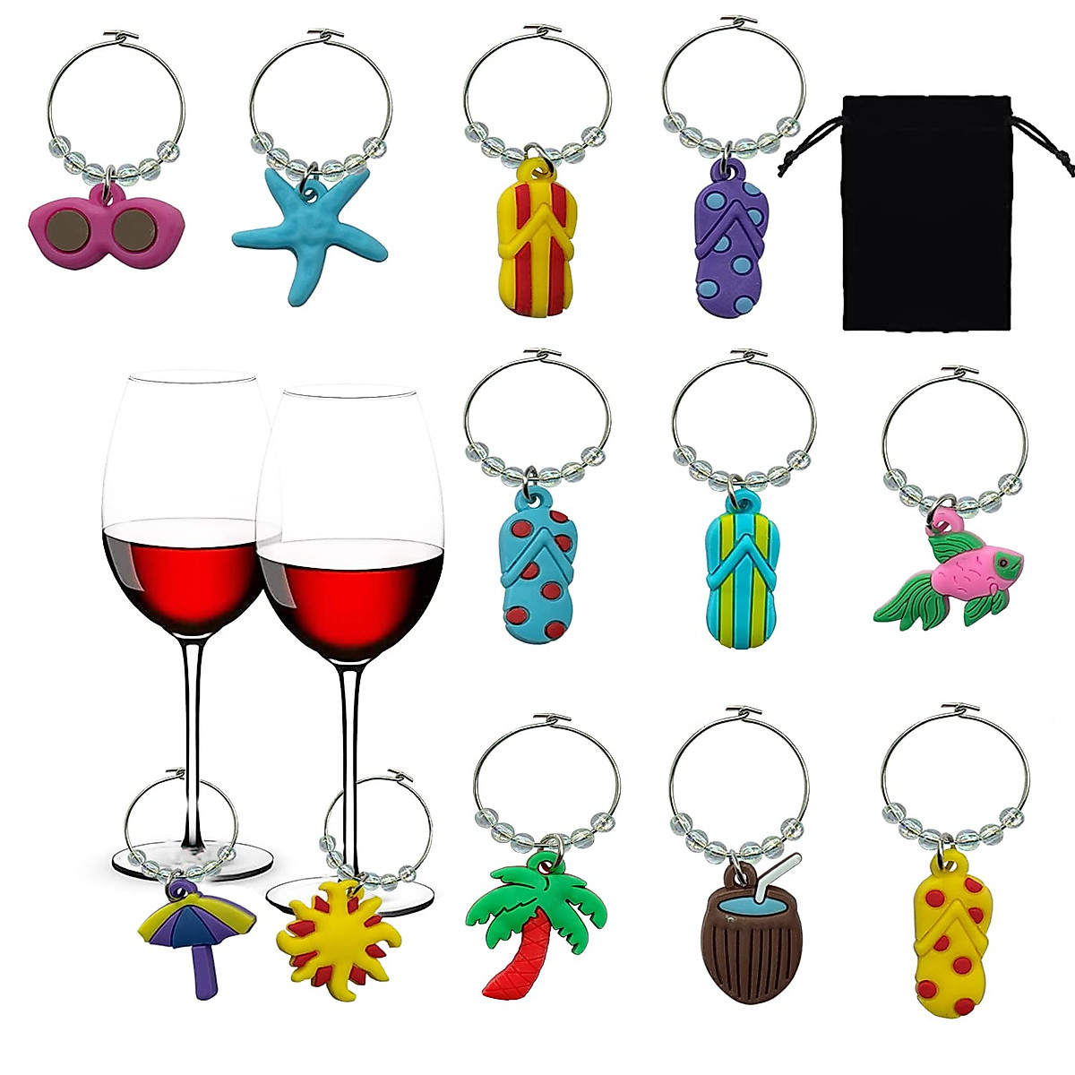 12 Pieces Beach Theme Wine Glass Charms,Wine Charms for Stem Glasses,Wine Drink Markers for Wine Lover Tasting Party