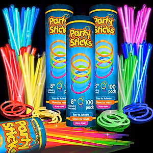 PartySticks Glow Sticks Party Supplies 300pk - 8 Inch Glow in The Dark Light Up Sticks Party Favors, Glow Party Decorations, Neon Party Glow Necklaces and Glow Bracelets with Connectors