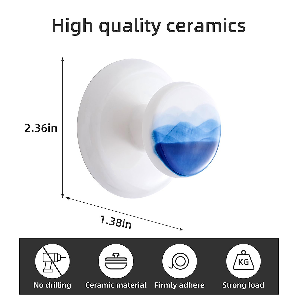 Wodlo Towel Hooks - Pack of 4, Hand-Painted Blue, Round Shape, Adhesive Backing, Suitable for Coats, Hats, and Robes