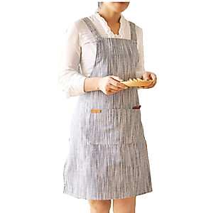 BBYBBS Linen Pinafore Apron Japan Style Mediumweight Japanese Apron Cross Apron No Tie Apron Double Front Large Size Pockets Halter Cross Bandage Aprons (blue)
