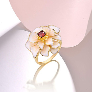 Santuzza Lotus Ring 925 Sterling Silver Garnet Handmade Enamel Flower Ring for Women (7)