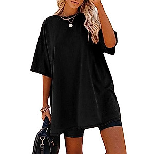 Remidoo Women's Oversized T Shirt Solid Short Sleeve Distressed Solid Tees T-Black Large
