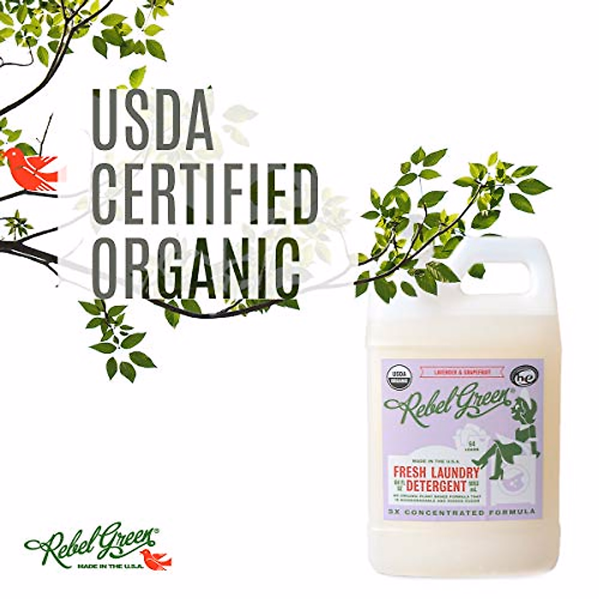 Rebel Green USDA Organic HE Liquid Fresh Laundry Detergent - Natural & Hypoallergenic Laundry Soap, Lavender and Grapefruit - 64 Loads