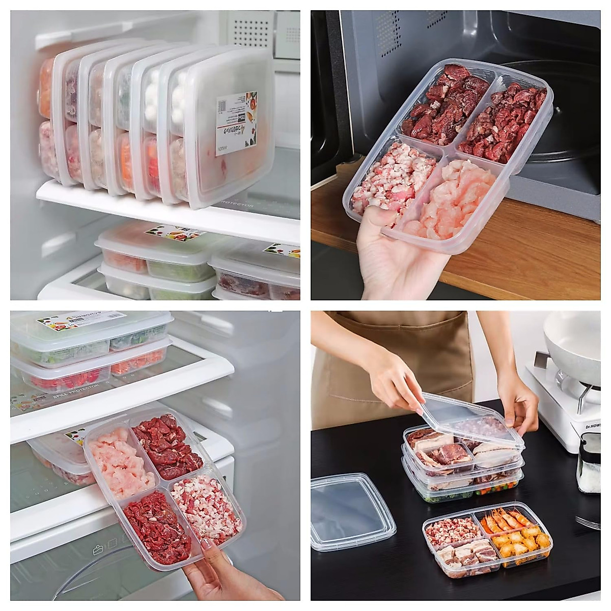 RHBLME 8 Pack Divided Food Storage Containers, Reusable 4 Compartment Food Container Food Storage Containers with lids, Multi Compartment Food Container for Storing Vegetables Meat Fish Fruits