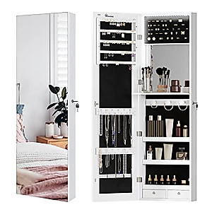 YITAHOME LEDs Jewelry Cabinet Wall Mounted, 47.2" H Jewelry Armoire Over door with Mirror Space Saving Jewelry Storage Organizer, 2 Drawers, Foldable Makeup Shelf, White