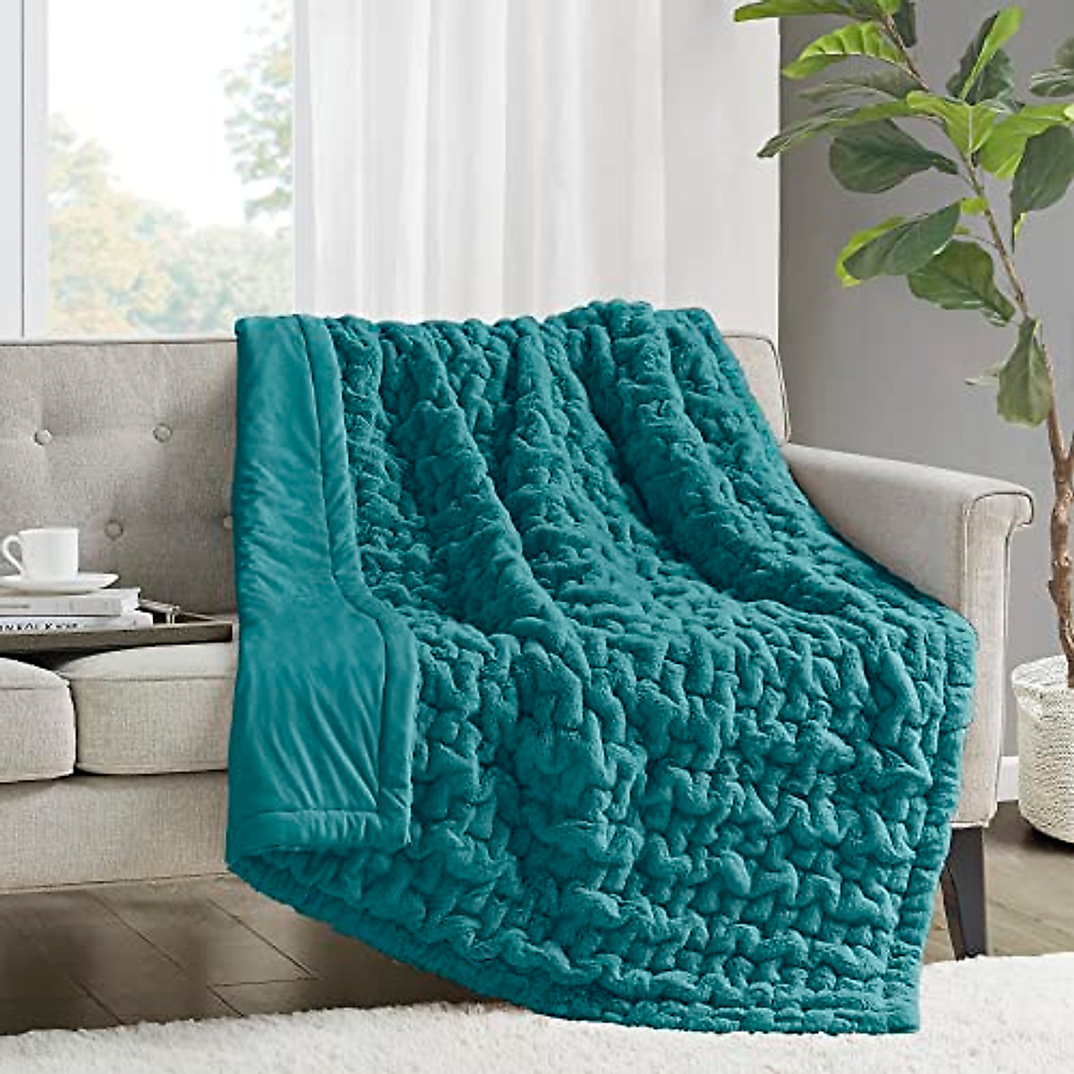 Madison Park Ruched Faux Fur Luxury Throw Teal 50*60 Premium Soft Cozy Brushed Long Faux Fur For Bed, Coach or Sofa