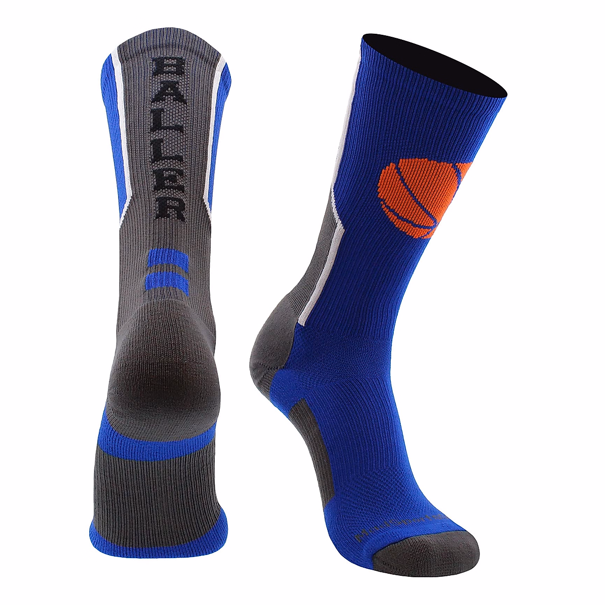 MadSportsStuff Baller Basketball Logo Crew Socks (Royal/White, Small)