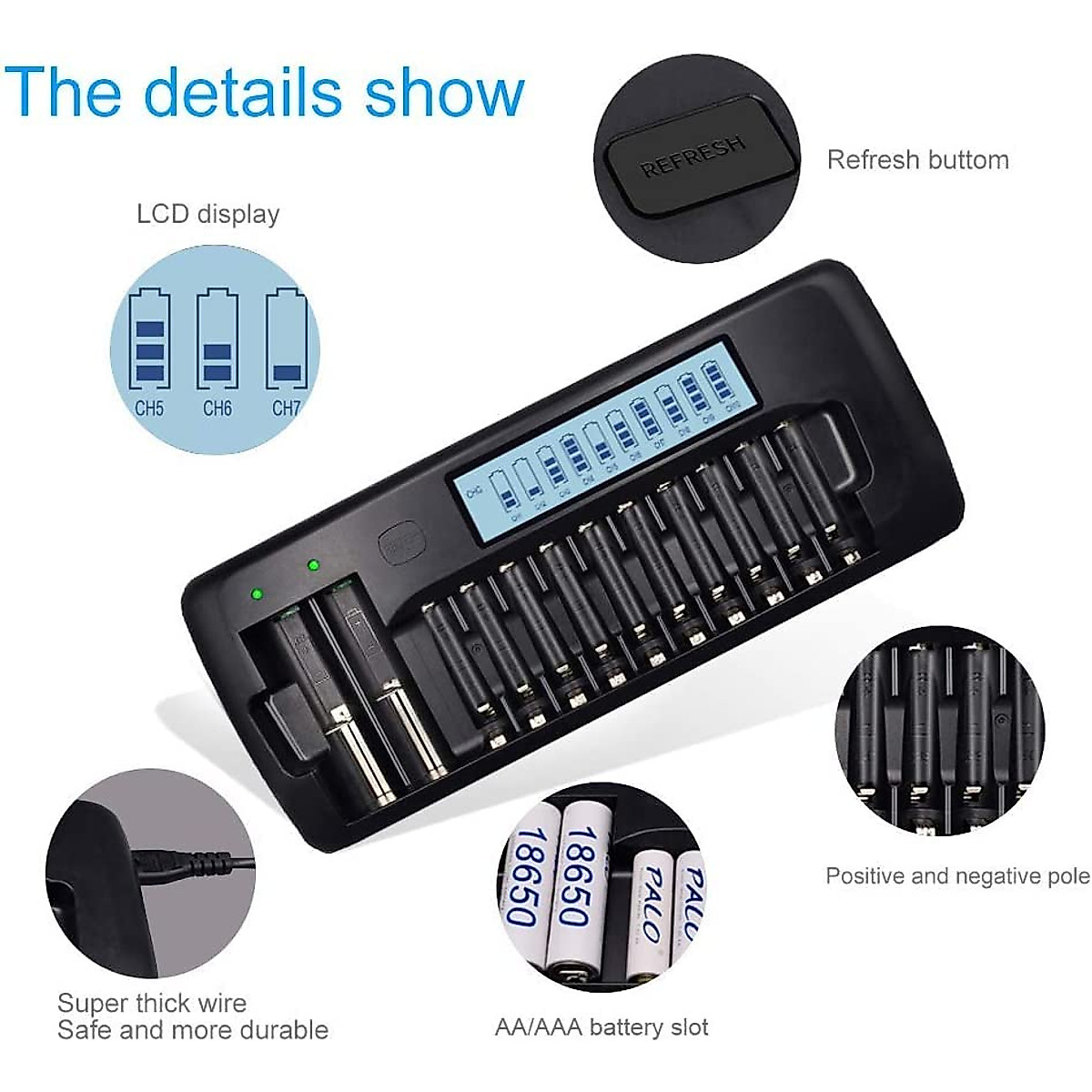 CITYORK 12 Bay LCD Universal Battery Charger for Rechargeable AA AAA NIMH NICD Batteries and 18650 18490 17670 17500 16340 Rechargeable Lithium Batteries, Fast Charger（NOT Include Battery）
