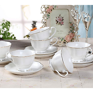 GuangYang 12 PCS White Tea Set-Fine Porcelain Tea Cup and Saucer set of 6 with Gold Line Handle for Tea Party