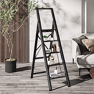 GameGem 4 Step Ladder, Folding Step Stool with Anti-Slip and Wide Pedal, Lightweight Aluminum Space Saving Stepladder with Handgrip for Home and Kitchen, 330 lbs Capacity