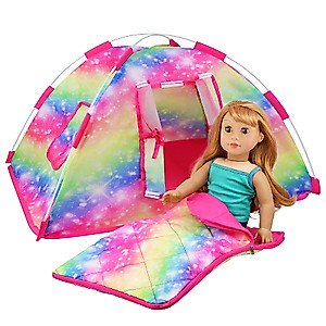 ZITA ELEMENT 7 Items Fashion Doll Camping Tent Set for 18 Inch Girl Doll Accessories - Including 18 Inch Doll Camping Tent, Sleeping Bag, Clothes Set, Shoes, Camera, EYE Glasses and Toy Dog
