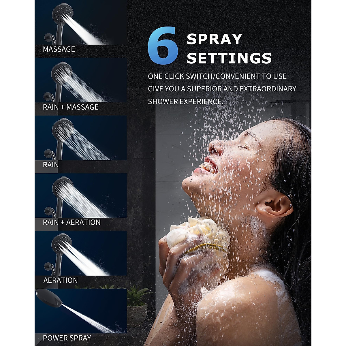 Black Shower Head, L'amourqua High Pressure 6-Model Handheld Shower Head, Built-in Power Wash to Clean Bathtub and Pets, with 59" Stainless Steel Hose and Handheld Showerhead Holder