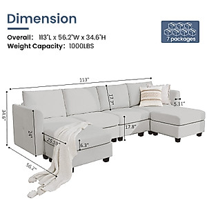 HALLYBEE Modular Sectional Sofa with Storage Seat Comfy Chenille Sectional Couches for Living Room with Ottoman U Shaped Couch 6 Seats Couch Light Grey