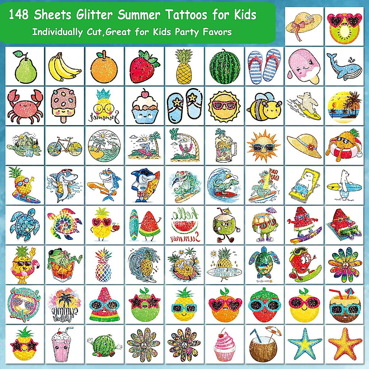 CHARLENT 148 PCS Glitter Summer Fruit Temporary Tattoos for Kids - Watermelon Pineapple Individual Tattoos for Boys Girls Pool Birthday Party Favors Goodie Bag Fillers