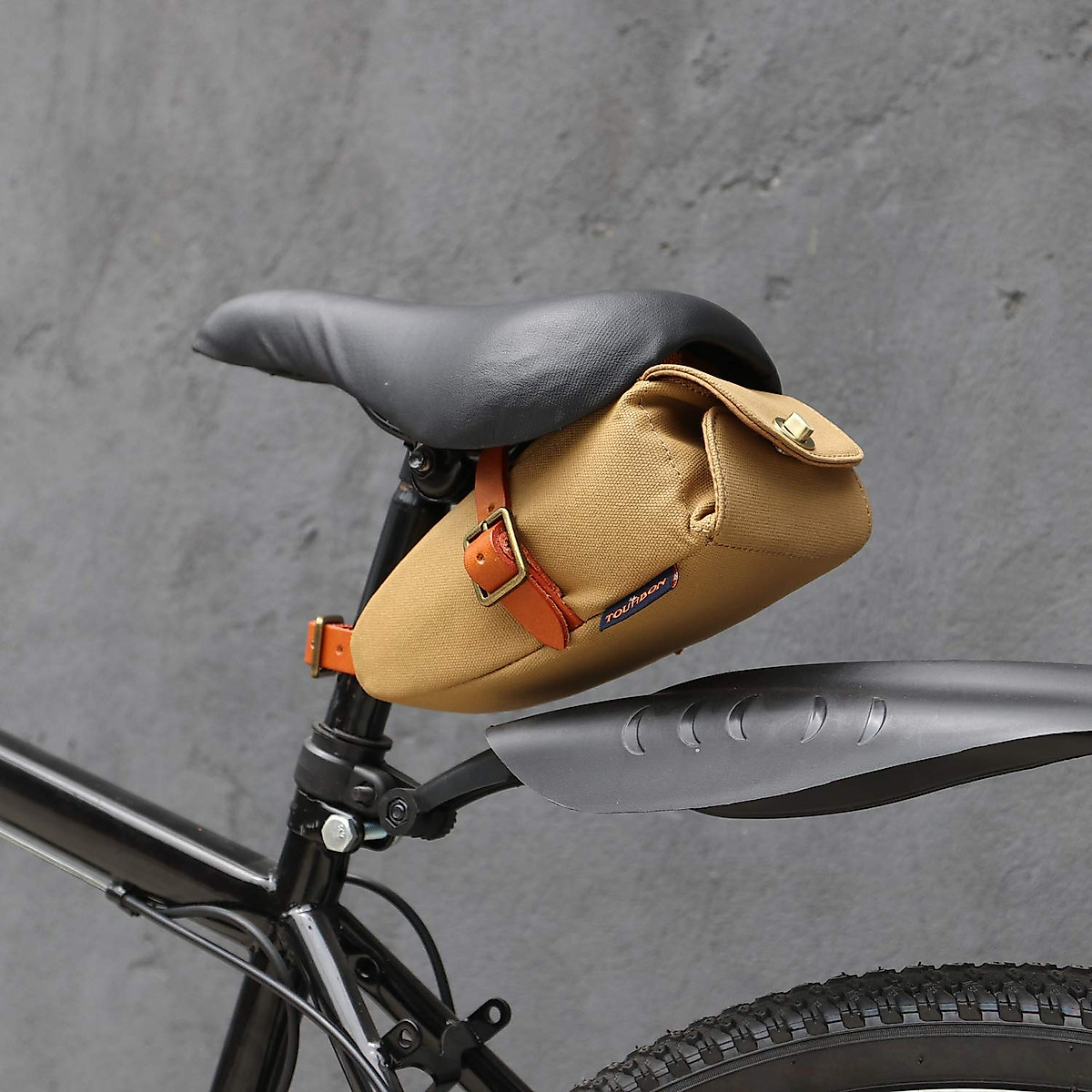 TOURBON Canvas and Leather Strap-On Bike Saddle Bag Bicycle Seat Pack Bag (Khaki)