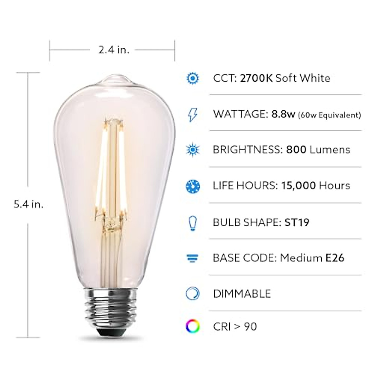 Feit Electric ST19 Vintage Edison LED Light Bulb, 60W Equivalent, Dimmable, 2700K Soft White, 800 Lumens, E26 Base, Retro Filament Light Bulbs, 15,000-Hour Lifetime, ST1960/CL/927CA/2, 2 Pack