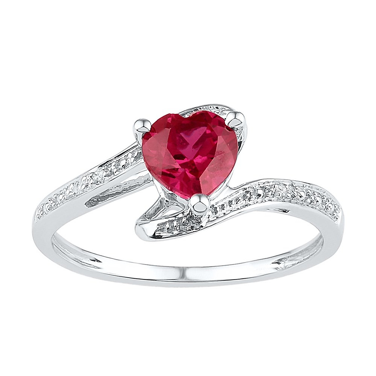 Size - 6.5 - Solid 925 Sterling Silver Heart Round Red Simulated Ruby And White Diamond Engagement Ring OR Fashion Band Prong Set Solitaire Shaped Ring (.01 cttw)
