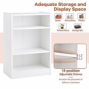 Tangkula 3 Tier Bookcase, Floor Standing Open Bookshelf with 18-Position Adjustable Shelves, Anti-toppling Device, Modern Multipurpose Display Storage Organizer for Living Room Study (White)