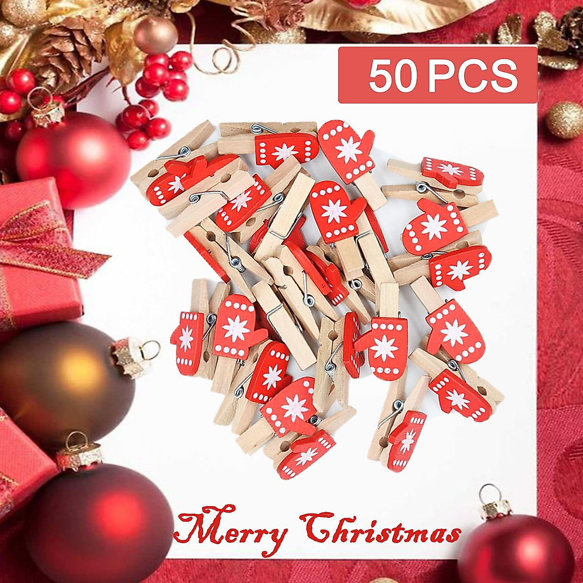 50pcs Christmas Clips Mini Clothes Pins Wooden Clothespins Photo Clips Small Wood Clips Set DIY Hanging Pegs for Christmas Cards Paper Crafts Holiday Party Supplies,Red Gloves