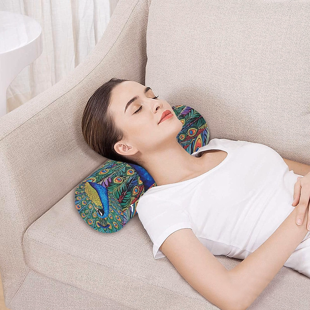 SDMKA Cute Peacock Cervical Neck Roll Pillow - Bolster Memory Foam Pillow for Neck Pain Relief, 5.5 x 17 Inch Cylinder Pillow, Perfect Sleeping Support