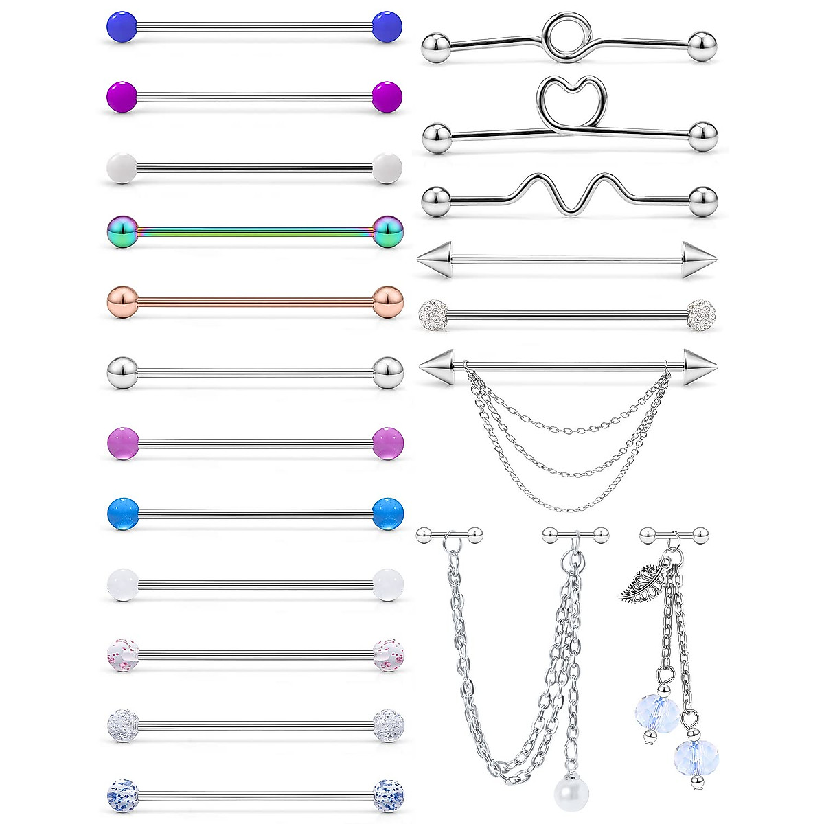 Uzgtvy 16G Industrial Earrings Bar Barbells Piercing Jewelry 316L Stainless Surgical Steel Silver Dangle Industrial Ear Earring Rings Chain Cartilage Helix Industrial Piercing Jewelry 38mm Women Men