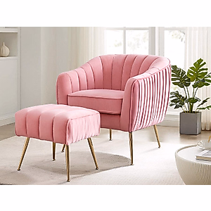 Altrobene Velvet Accent Chair, Modern Barrel Chair with Ottoman, Arm Pub Chair for Living Room/Bedroom/Nail Salon, Blush Pink, Golden Finished, Suitable for Small Spaces