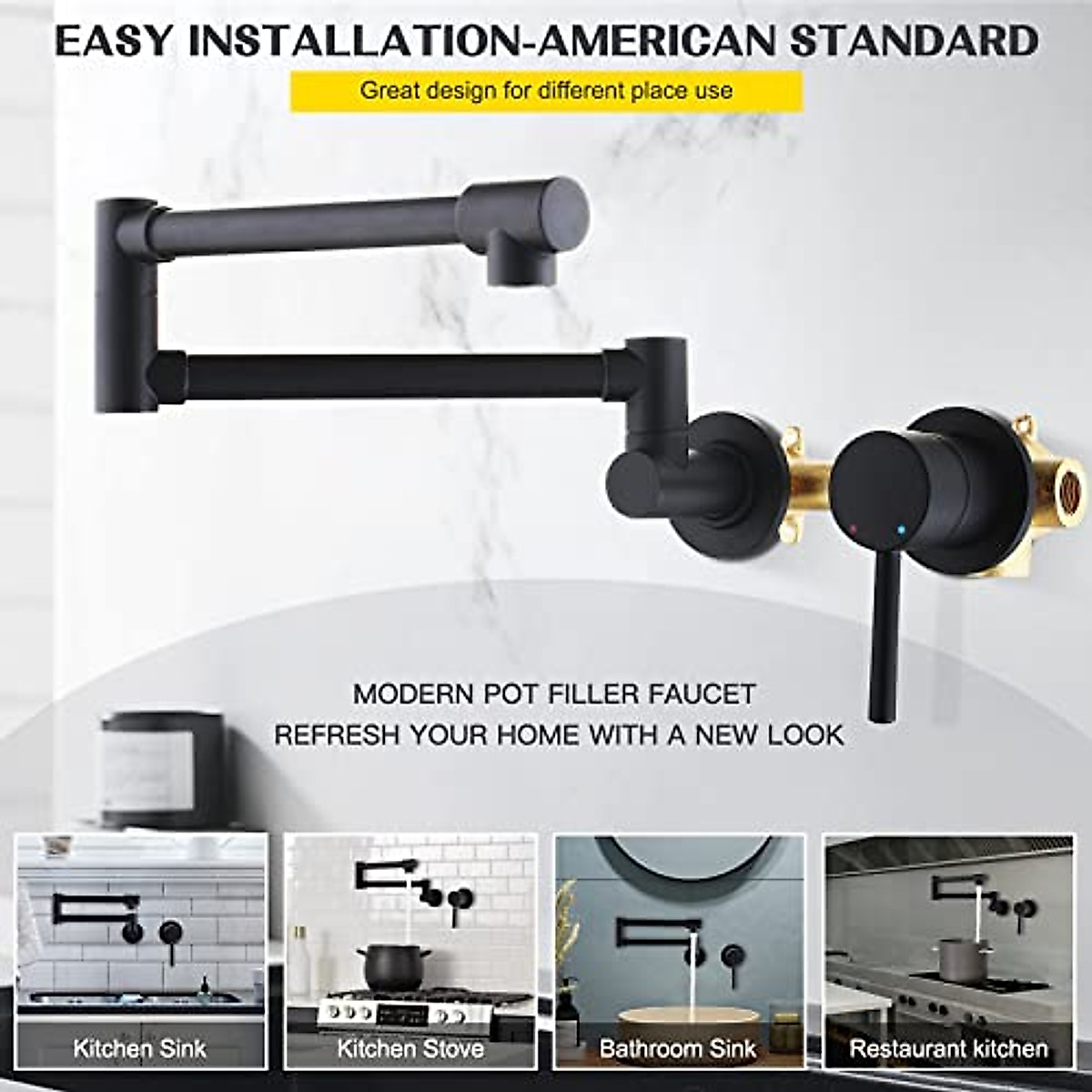 CHALIRS Pot Filler Faucet Wall Mount, Matte Black Brass Pot Filler Faucets, Kitchen Restaurant Sink Faucet Folding Stretchable,Cold and Hot Water Mixer,with Double Joint Swing Arms,Single Handle