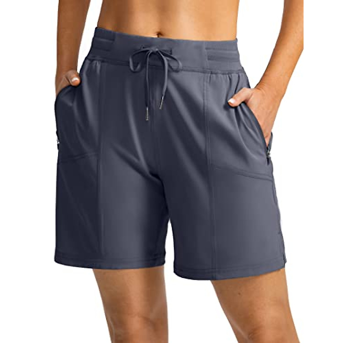 Soothfeel Women's Hiking Cargo Shorts with 4 Pockets 7 Inch Long Quick Dry Athletic Golf Shorts for Women Casual Summer (Grey, X-Small)