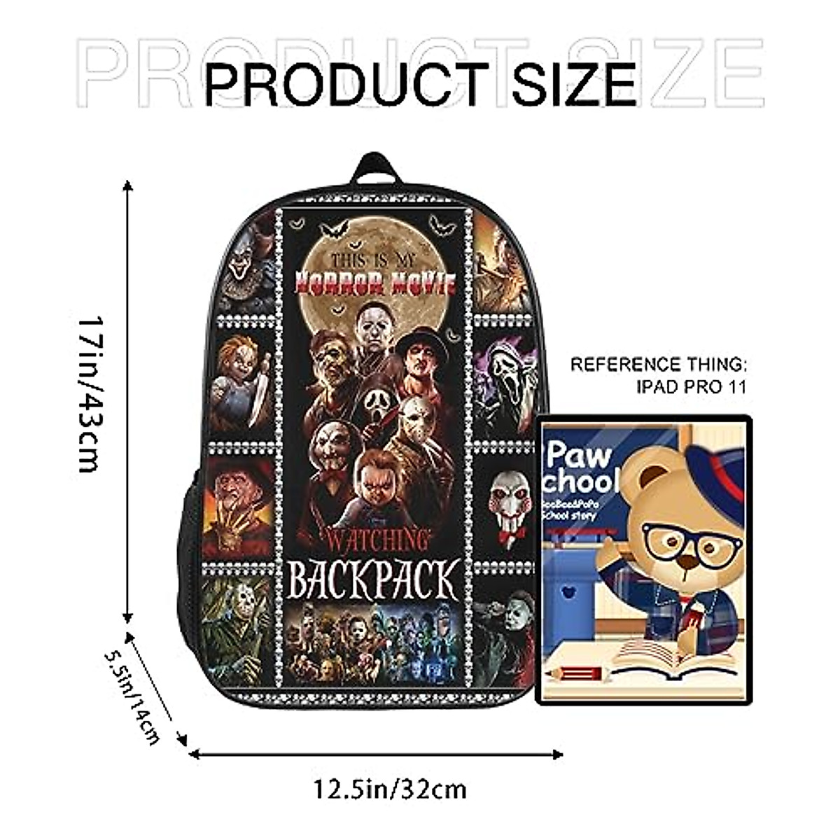 Halloween Horror Movie Backpack, Multi-Function Travel Backpack, Adjustable Shoulder Strap Backpack 17"