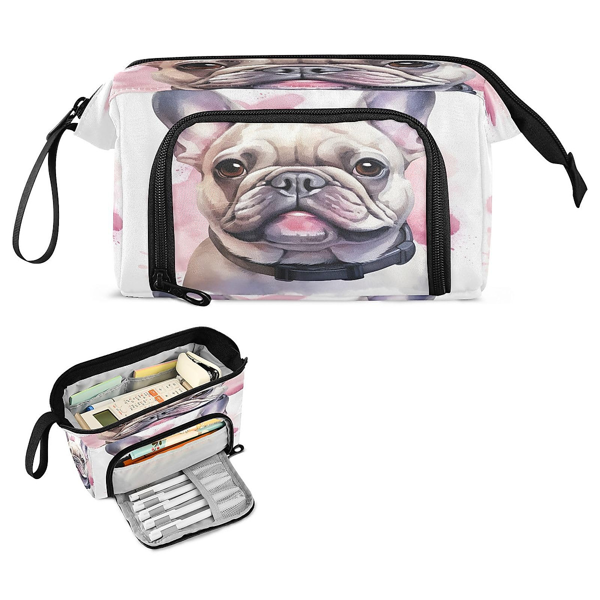Emelivor French Smile Bulldog Pencil Case Large Capacity Pencil Pouch Bag with Compartmens Pen Bag Case Portable Stationery Bag Pencil Organizer for School Office Men Women Adults