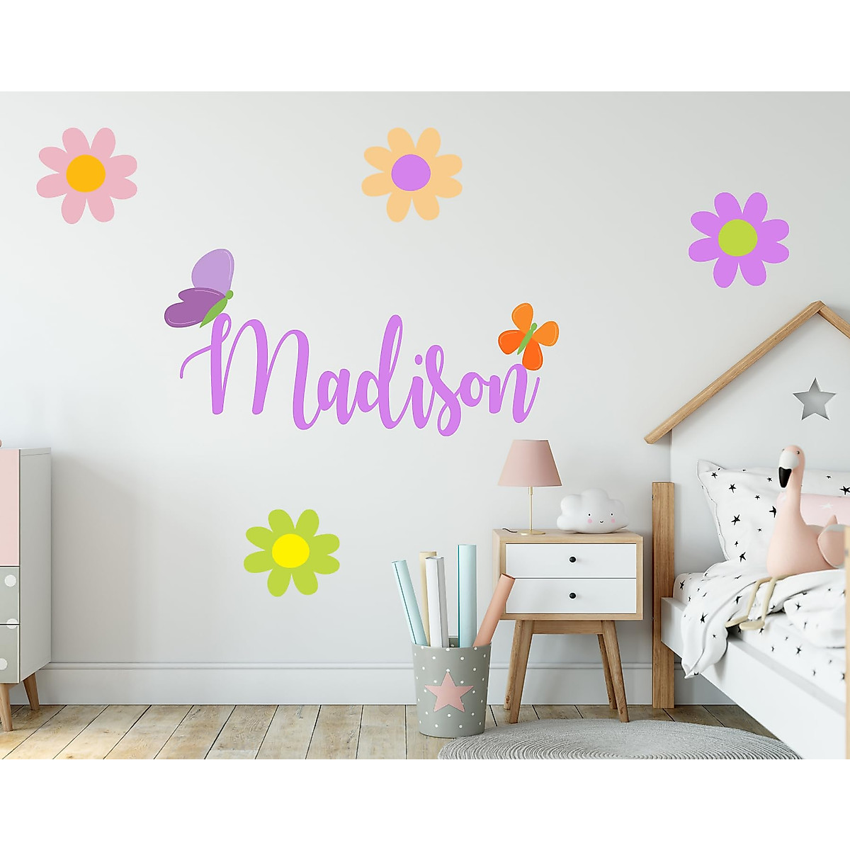 Custom Name Flowers Wall Decal - Personalized Name Butterfly Decor - Daisy Wall Decal Peel and Stick - Pastel Flowers - Girls Flowers Wall Stickers - Wall Decal for Home Nursery Bedroom Decoration