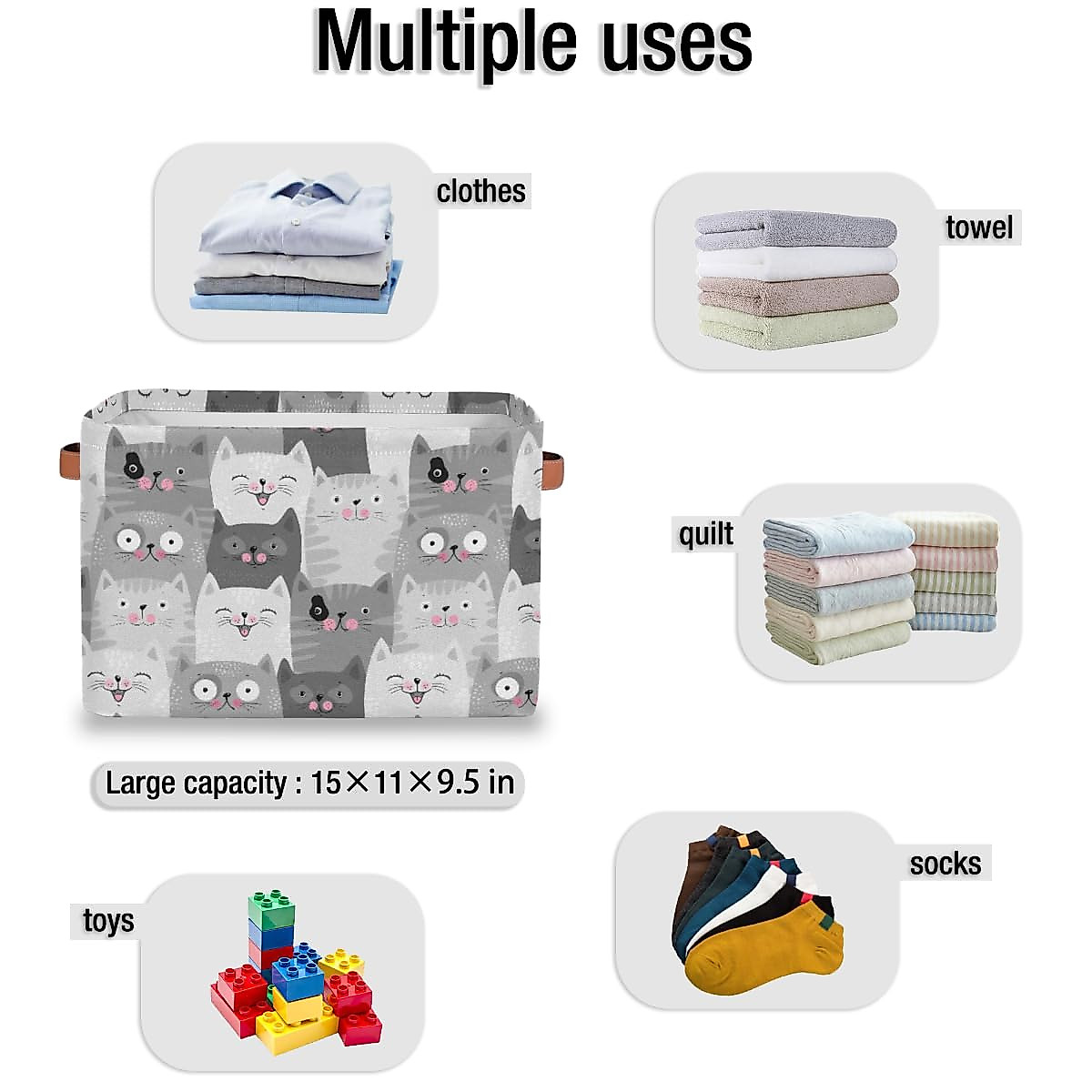 TropicalLife Foldable Storage Baskets, Cats Cube Organizer Bins with Dual Handles Nursery Closet Shelf Storage Box for Clothing, Books, Cosmetic, Toys, 15"x11"x9.5", Set of 2