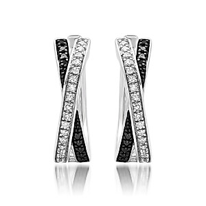 Sterling Silver Black and White Diamond 'X' Hoop Earrings (1/3 cttw., J-K Color, I2-I3 Clarity)