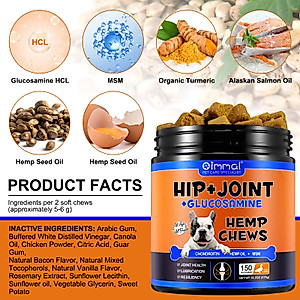 MXCZBSM Hemp Hip and Joint Supplement for Dogs, 150 Dog Joint Pain Relief Treats, Glucosamine for Dogs, Hip & Joint Supplement w/MSM + Chondroitin + Omega 3, Mobility & Flexibility Support