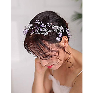 Denifery Purple Bridal Wedding Hair Vine Purple Natural Stone Hair Vine Crystal Headpieces Bride Hair Accessories for Women and Girls
