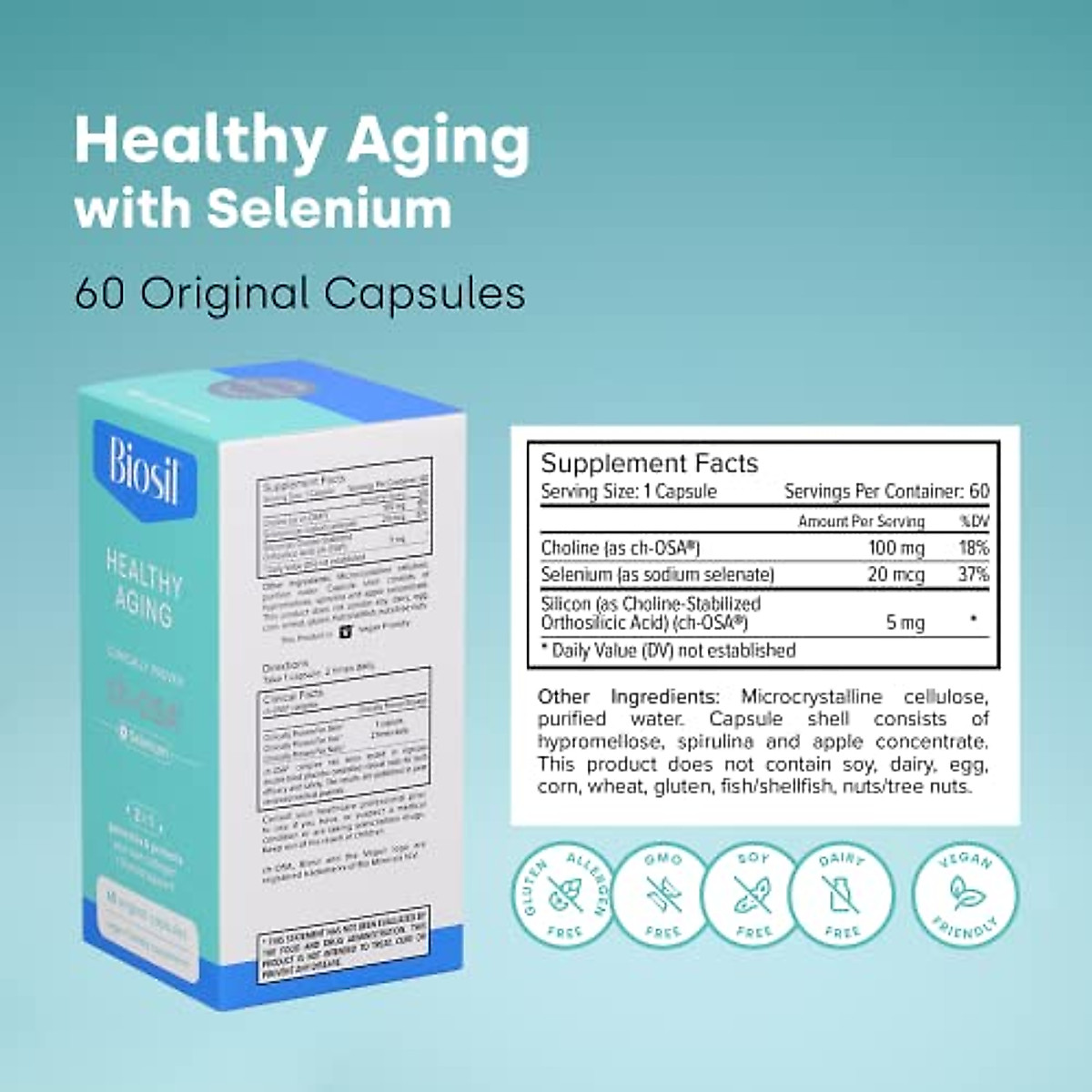Biosil Healthy Aging - 60 Capsules - Beauty, Vitality & Thyroid Support - with Patented ch-OSA & Selenium - 60 Servings