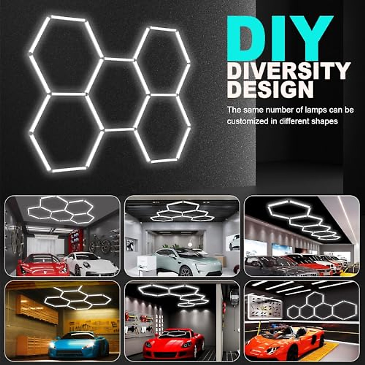 Brivulgent Larger Hexagon Led Lights for Garage Plug in 14 Grid Car Detailing 14 Hex Kit W Border Ceiling Hanging Barber Shop Electric Honeycomb Lighting (25 Pack Kit (8’ x 5.5’))