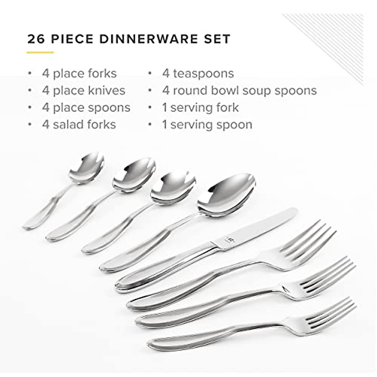 TABLE 12 26-Piece Stainless Steel Flatware Set with Beveled Round Edges, Service for 4