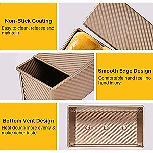 Flexzion Pullman Loaf Pan with Lid Cover (2 Pack) for Baking Oven Sandwich Bread Toast - 1lb Dough Capacity Square Corrugated Cake Mold Non-Stick Carbon Steel Box Bakeware Kitchen Accessories (Gold)
